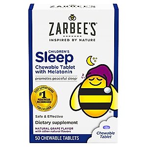 Zarbee's Kids 1mg Melatonin Chewable Tablet, Drug-Free & Effective Sleep Supplement, Easy to Take Natural Grape Flavor Tablets for Children Ages 3 and Up, 50 Count