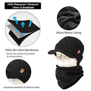 TOP-EX Waterproof Winter Wool Knit Hat with Visor, Mens Brim Beanie & Scarf Set, Women Cold Weather Skull Stocking Cap Fleece Lined & Neck Cover Black,X-large XL XXL XXXL Extra Large Big Head Oversize