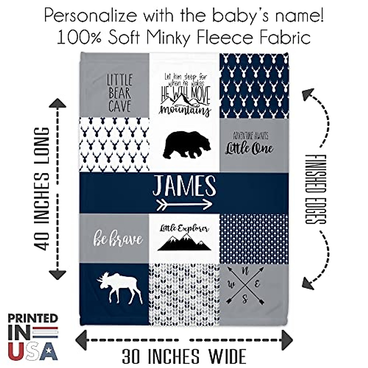 Blue Woodland Personalized Baby Blanket for Boys - Custom Baby Blankets For Boys - Deer Baby Blanket- Woodland Nursery Décor - Baby Blankets For Boys Personalized (Blue Woodland)