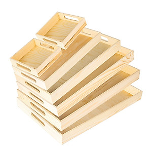 7PCS Wooden Nested Serving Trays Set - Rectangular Shape Unfinished Wood Kitchen Nesting Food Trays with Handle for Coffee, Serving Pastries, Snacks, Chocolate, Craft and Decor