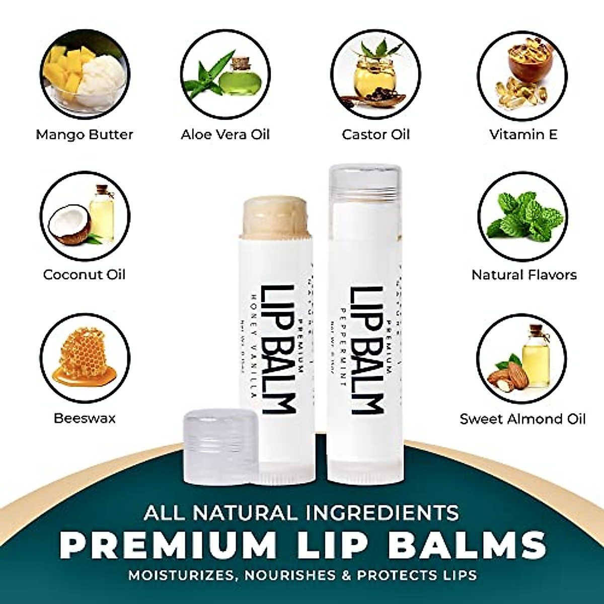 7leaves Nature Premium Lip Balms 2 Pack, Peppermint and Honey Vanilla Flavored Lip Balm, Moisturizing Lip Balm with Beeswax, Coconut Oil, Aloe Vera, Vitamin E, Handmade in USA for Men Women Children