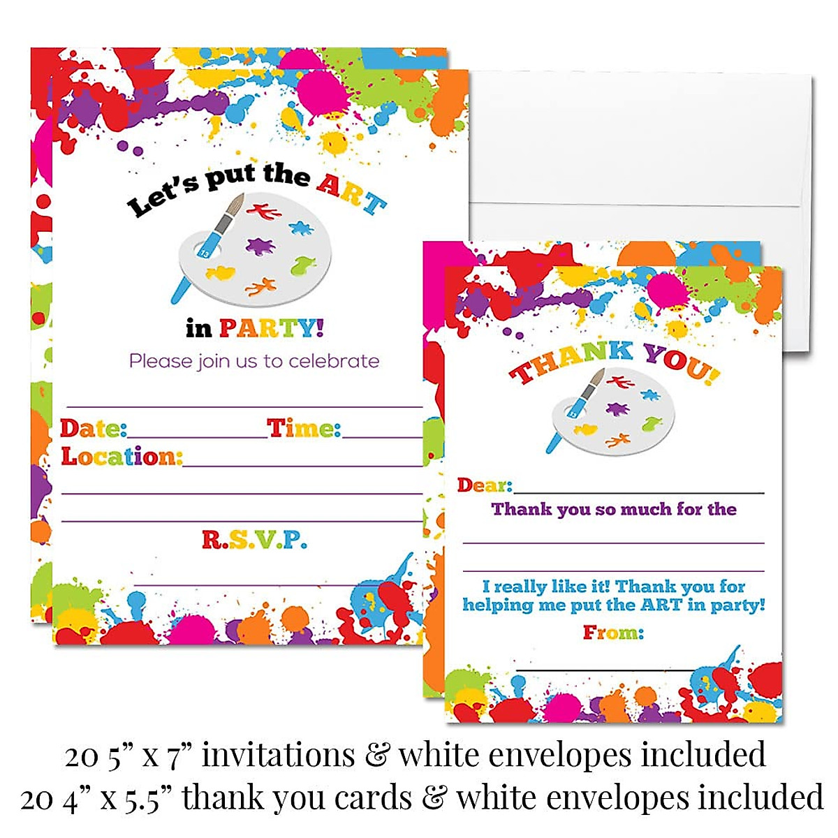 Amanda Creation Deluxe Art Party Paint Splatter Birthday Party Bundle Includes 20 Invitations & Thank You Cards with Envelopes + 3 Different Sizes of Stickers & Water Bottle Labels!