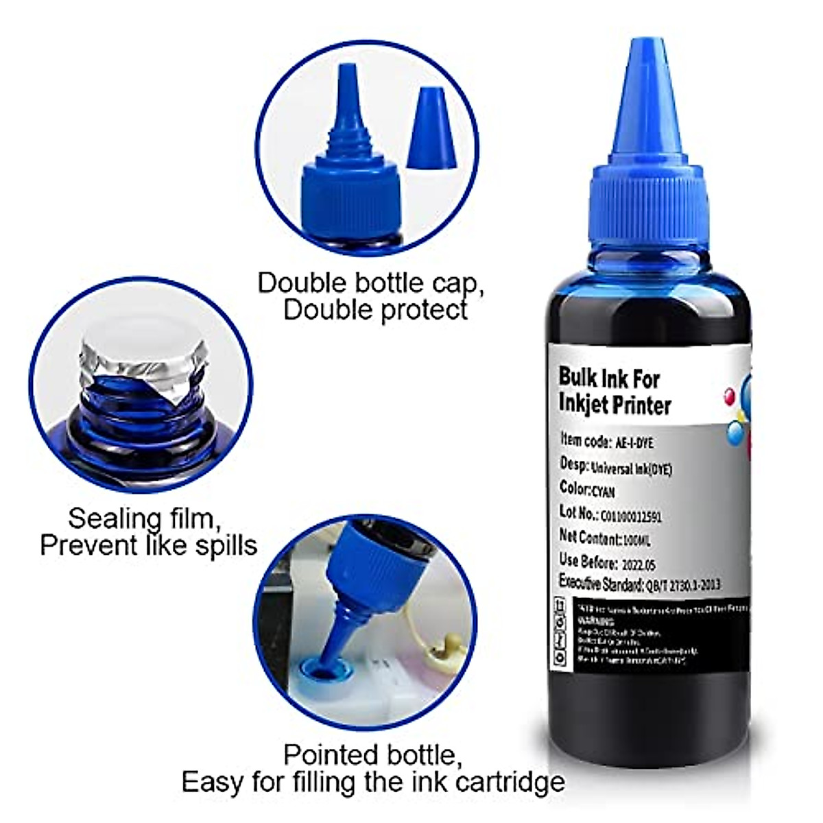 Universal Dye Ink Refill Kit for HP Canon Brother Lexmark Printers Compatible Cartridges Refillable Cartridge CISS CIS System 5 Bottle with 4 Free Syringes (2BK, C, M, Y)