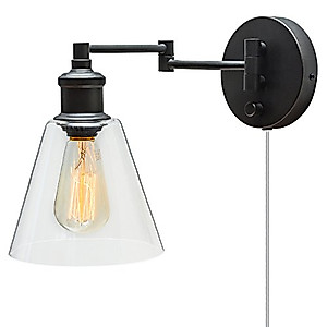 Globe Electric 65311 1-Light Plug-in or Hardwire Industrial Wall Sconce, Dark Bronze Finish, On/Off Rotary Switch, 6ft Clear Cord, Clear Glass Shade, Wall Lights for Bedroom Plug in, Kitchen Sconces
