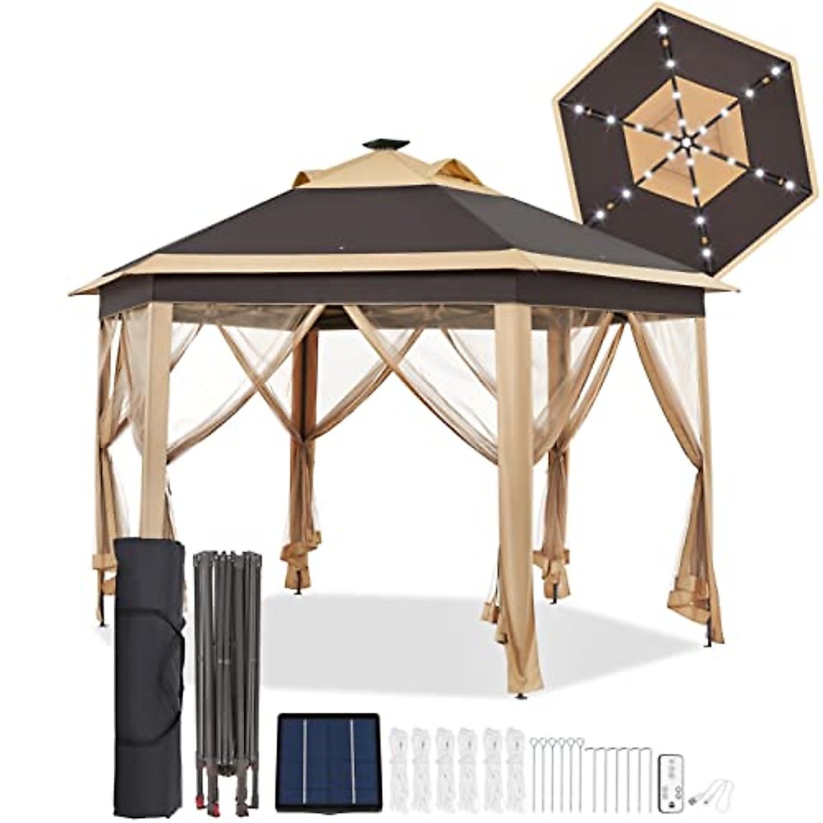 Yaheetech 13′ × 13′ Pop-Up Patio Gazebo Tent W/Mesh Netting Sides & 25 Solar LED Lights, Hexagonal Double Vented 3 Height Adjustable Gazebo with Storage Bag for Backyard, Garden, Lawn, Khaki & Brown