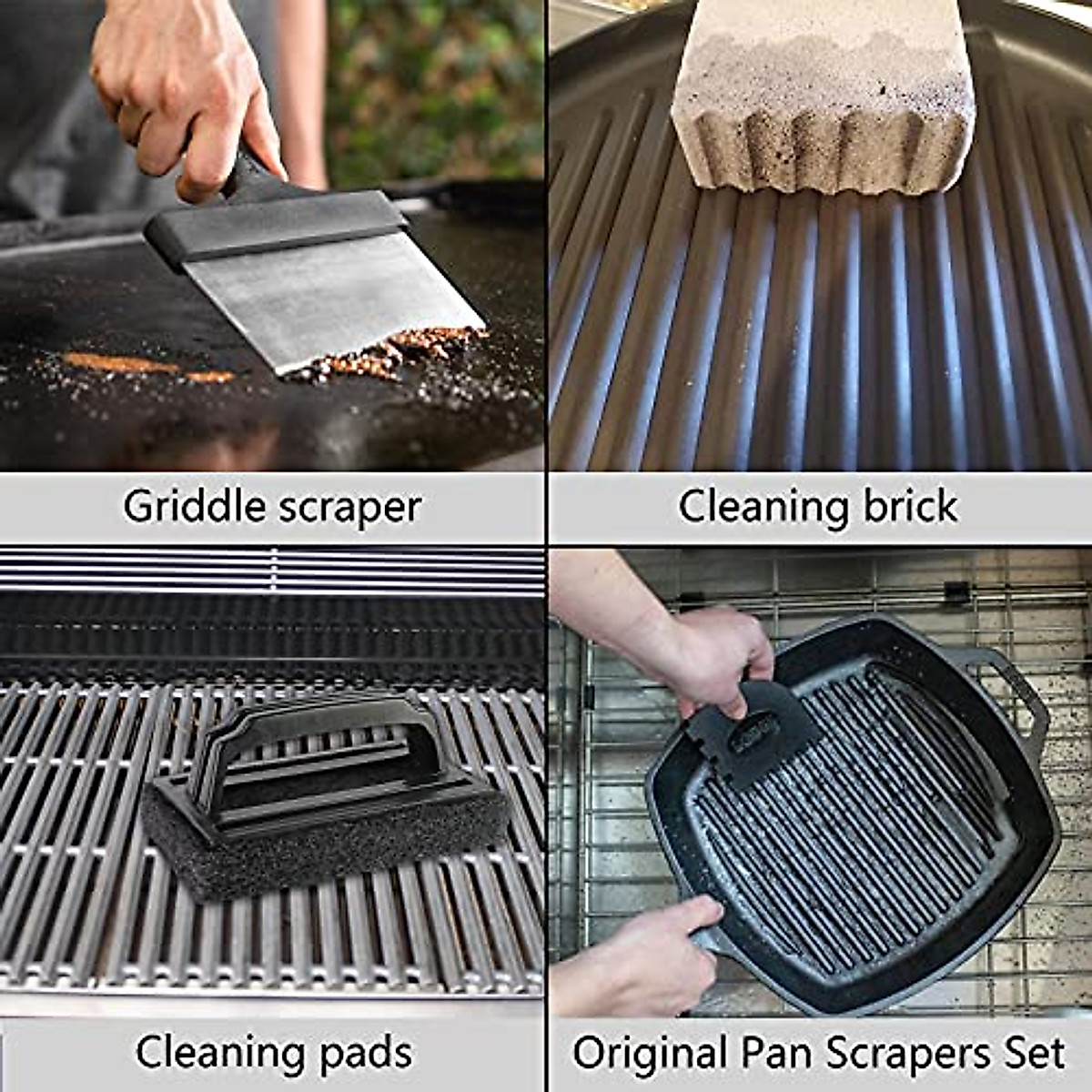 Griddle Cleaning Kit 8 Pcs, Grill Accessories Cleaner Tool Set-1 Stainless Steel 6" Scraper, 2 Scouring Pads,1 Scouring Pads with Handle, 2 Cleaning Bricks, 1 Pan Scraper