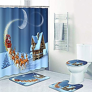 ArtSocket 4 Pcs Shower Curtain Set Christmas Night Scene Santa Claus with Non-Slip Rugs Toilet Lid Cover and Bath Mat Bathroom Decor Set 72" x 72"