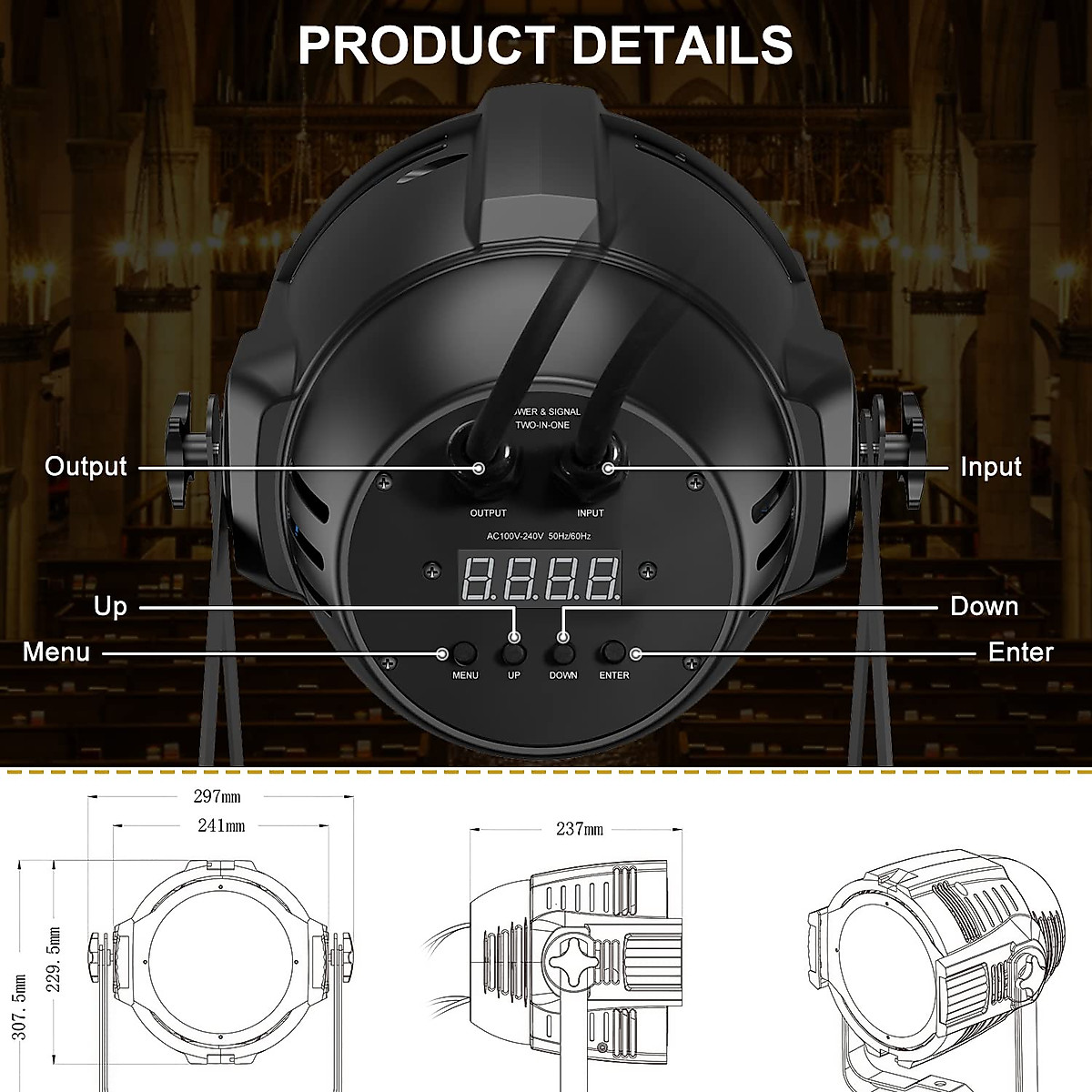 BETOPPER Stage Spotlight with/Barn Door, 200W COB Stage Light, Warm & Cold White LED DMX Light, Master-Slave Spot Light Strobe Lighting, Fresnel Lights for Church Wedding Theater Photo Studio(1 Pack)