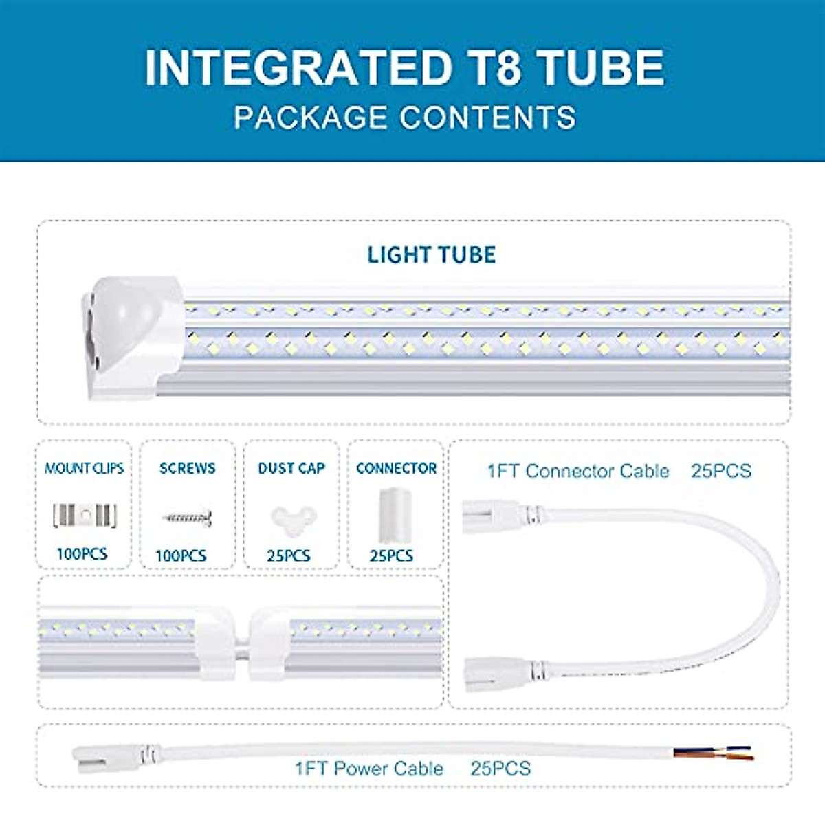 LED Shop Light Fixture, 8FT, 120W 14400LM 6000K, Cold White, V Shape, Clear Cover, High Output, Linkable Shop Lights, T8 LED Tube Lights, LED Shop Lights for Garage Warehouse 8 Foot (25-Pack)