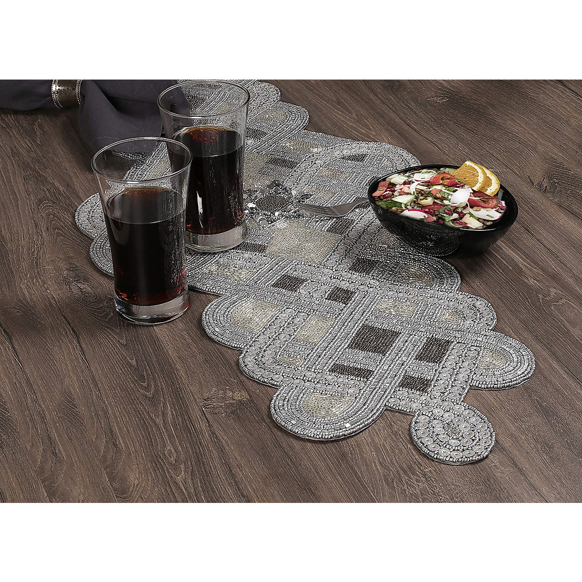 Alpha Living Home Handmade Fancy Scrolled Embroidery Beaded Table Runner for Tabletop and Kitchen Grey/Silver - Home Decor Mat for Wedding Party Family Gathering - Pack of 1 Measure 15.5 x 35 inches