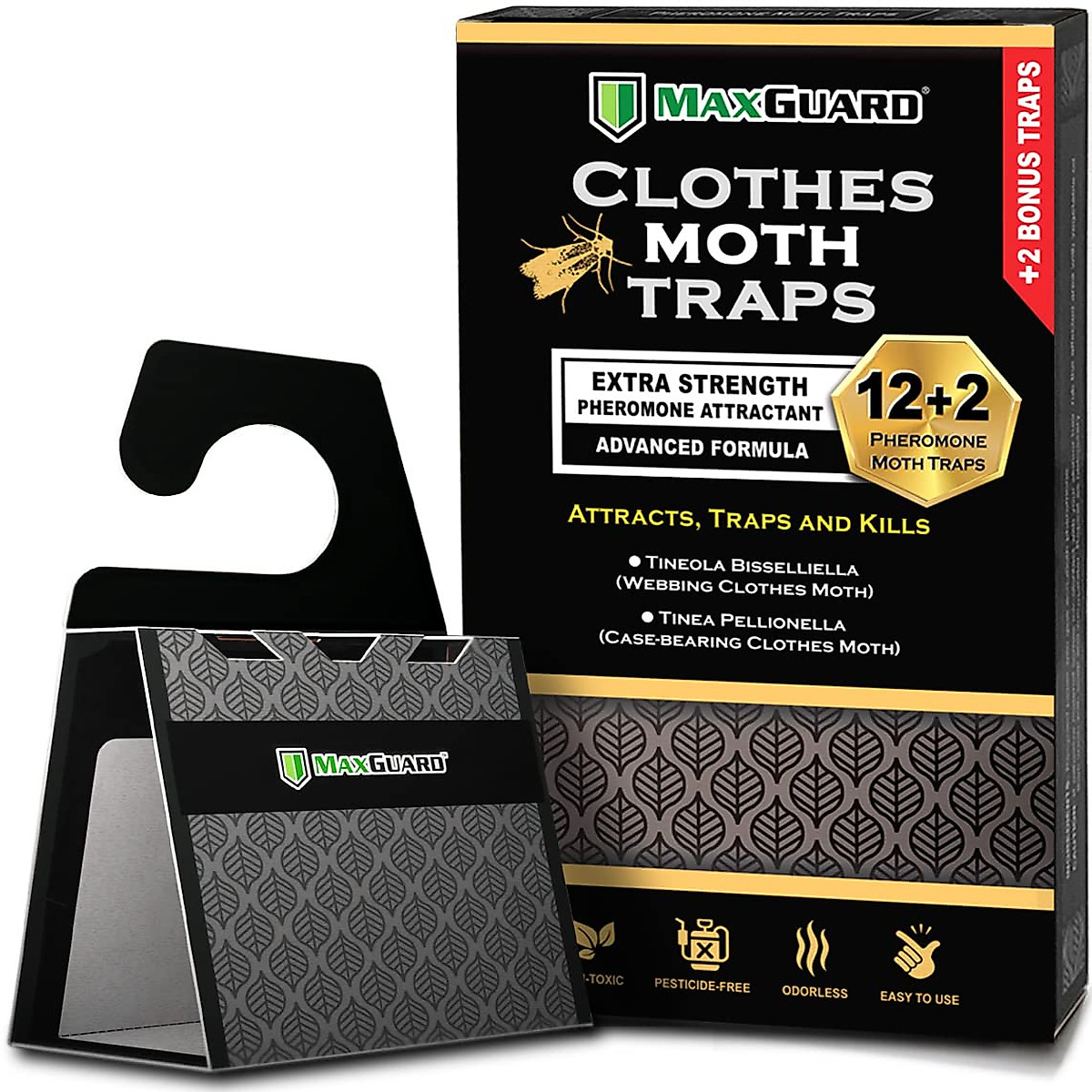 MaxGuard Clothes Moth Traps (12+2 Free Traps) Extra Strength Pheromones | Non-Toxic Sticky Glue Trap for Closets and Carpet Moths | No Mothballs | Lure, Trap and Kill Case-Bearing Webbing Moths |
