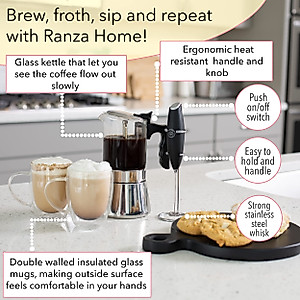 Ranza Home Moka Pot Stovetop Espresso Maker Set, With 9 Cup Coffee Percolator Pot, 2x Glass Coffee Mugs (12oz) and Milk Frother for Coffee. Stove Top Cafetera Greca, Cuban or Italian Coffee Maker