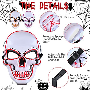 Lenwen 3 Pieces Halloween LED Mask Light up Scary Skull Face Cover Glowing Halloween Skull Cover for Cosplay Halloween Party Supplies Favor (Purple, Red, Orange), 9.6 x 6.7 inches