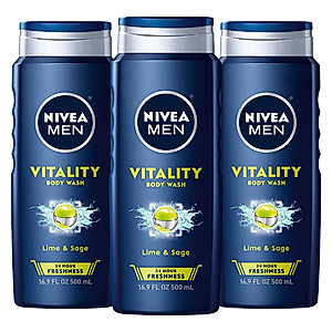 Nivea Men Vitality Body Wash, Lime and Sage Scented Body Wash, 3 Pack of 16.9 Fl Oz Bottle