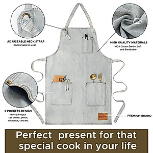 VANTOO Unisex Distressed Jean Apron with Convenient Pockets for Men and Women,White