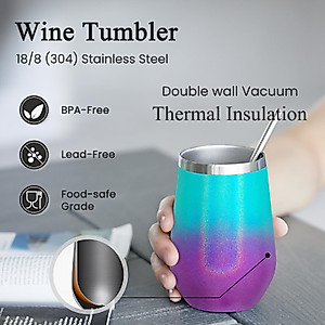 MEWAY Stemless 12oz Insulated Wine Tumbler with Lid and Straw - Double Wall Stainless Steel Thermal Cup for Hot and Cold Drinks, Travel wine glass, Bridal and Baby Shower Game Prizes(Glitter Aurora,1)
