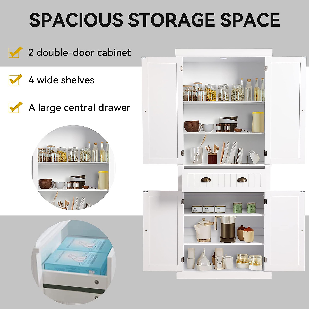 LOUVIXA 72" Kitchen Pantry Storage Cabinet, Freestanding Cupboard with 2 Cabinets, Drawer and Adjustable Shelves, Tall Storage Cabinet for Kitchen, Dinning Room, Living Room (White)