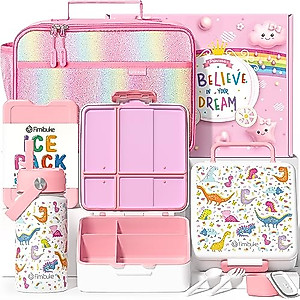 Fimibuke Kids Bento Lunch Box with 4 Compartments, Insulated lunch Bag, Stainless Steel Insulated Water Bottle, Ice Pack & Utensils, Birthday Gifts for Ages 3-12 Back to School Toddler Girls Boys