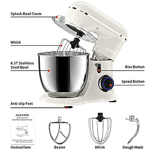 AILESSOM 3-IN-1 Electric Stand Mixer, 660W 10-Speed With Pulse Button, Attachments include 6.5QT Bowl, Dough Hook, Beater, Whisk for Most Home Cooks, Almond Cream
