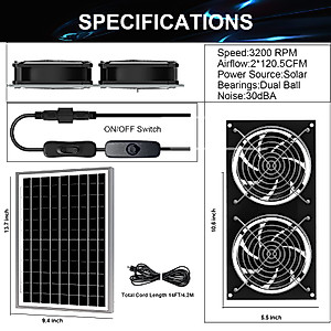 KHKVOCALIST Solar Fan-Solar Powered Fan-Solar Fan for shed- Solar Fan for Greenhouse, 15W Solar Panel + 2 Pcs High Speed DC Brushless Fan, for Chicken Coop,Dog House, DIY Cooling Ventilation Project
