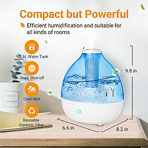 Ufresh Cool Mist Humidifiers for Home Bedroom Large Room, Small Vaporizers for Babies Kids Nursery Plants with Touch Control, 2.6L(0.7 Gal), Auto Shut-off, Whisper-Quiet