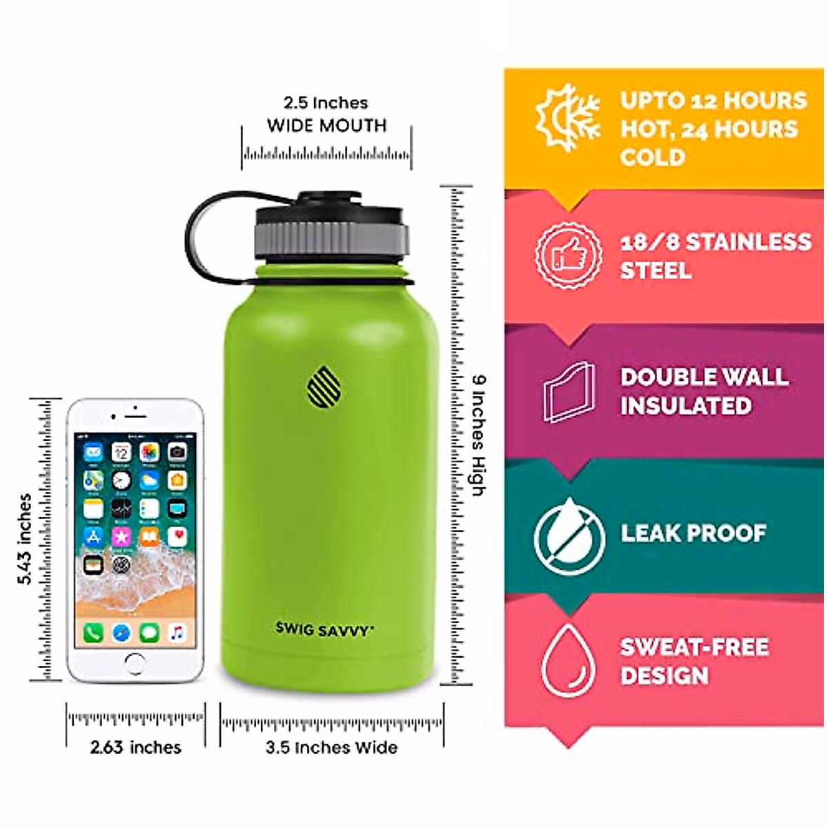 Swig Savvy Vacuum Insulated Stainless Steel Water Bottle with Straw, Double Wall Wide Mouth Sports Bottle with Storage Sleeve, Keeps Liquids Cold for 24 Hours, Hot for 12, 32 Ounces, Green