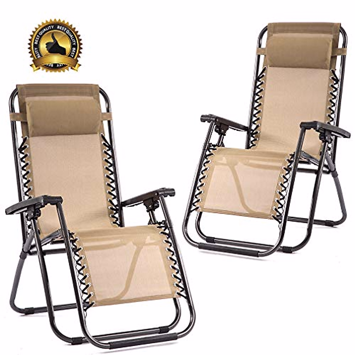 FDW Set of 2 Zero Gravity Chairs Lounge Patio Chairs Outdoor Yard Beach (Tan)