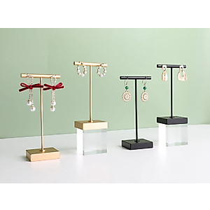 GemeShou 2pcs Metal T Bar Earring Stand Gold Single Earring Display T Stand for shows Jewelry Photography Props【Gold-Square Base 2pcs Height 4.3" and 5.1"】