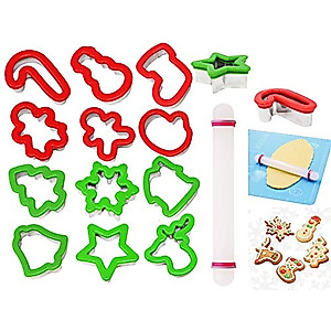 JOYIN 13 Pcs Stainless Steel Christmas Cookie Cutters with Comfort Grip 3.5í plus a Rolling Pin for Large Holiday Cookies, Snowflake Cookies, Gingerbread Man Cookies, Christmas Party and Baking Gift