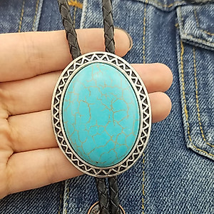 SELOVO Genuine Leather Bolo Tie for Men Native Western Created Turquoise Stone Silver Tone