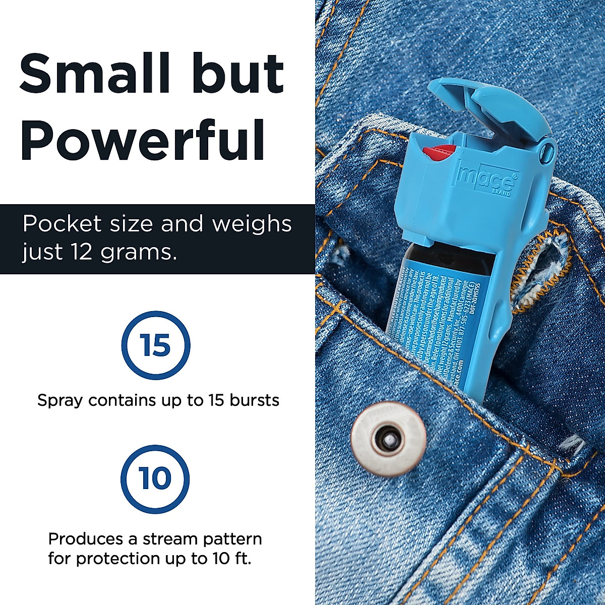 mace Brand Triple Action Pocket Pepper Spray (Neon Blue) – 10’ Pepper Spray with 3-in-1 Formula, Flip Top Safety Cap, Leaves UV Dye on Skin – Self Defense Pepper Spray for Women, Made in The USA