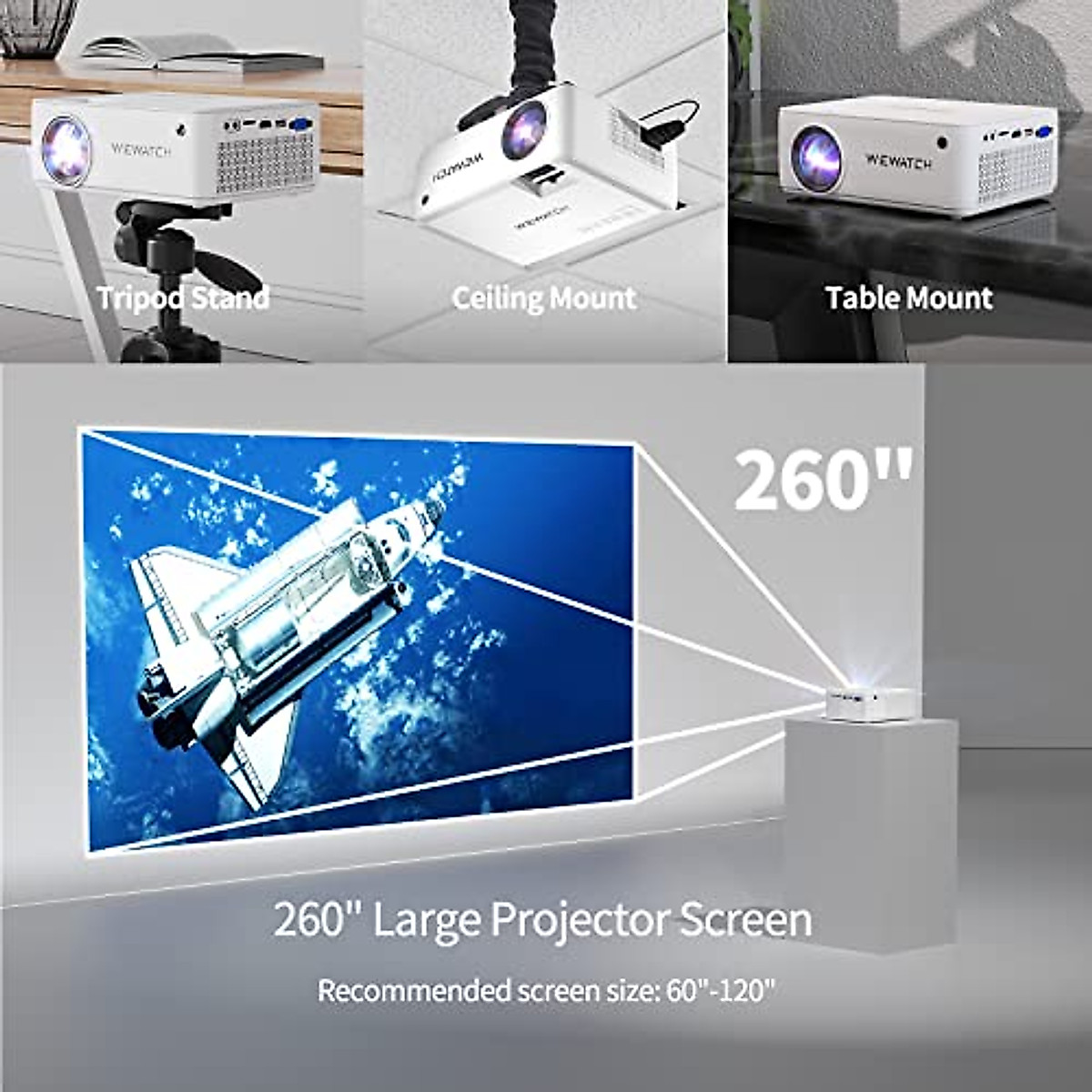 WiFi Bluetooth Projector with 12 inch Lightweight Tripod Stand, WEWATCH 8500L Portable Movie Projector for Home Outdoor, 1080P Video and 260" Display Supported, Use with TV Stick, HDMI, iOS, Android