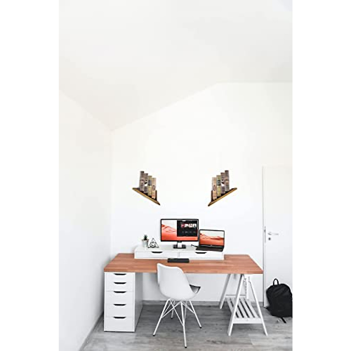 Meng Club Multi-use Rustic Long Mounted Corner Decorative Dark Wall Floating Bookshelf with 30 Degree Angle Wooden Bar for Living Room, Solid Pine Wood Wall Book Shelves Set for Hanging Coats Hook