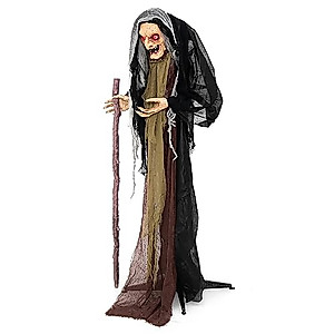 Tangkula 5FT Halloween Animated Standing Witch, Life Size Animatronic Witch with Pre-Recorded Phrases, Glowing Red Eyes, Posable Arms, Ideal for Scary Halloween Holiday Decor Prop Indoor/Outdoor