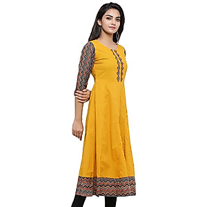 Yash Gallery Indian Cotton Geometric Print Anarkali Kurtis for Women (Mustard Yellow)