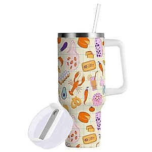 Slewiaeky Tumbler with Handle 40 oz Cute Lobster Shrimp Travel Mug with Lid and Straw Crayfish Stainless Steel Vacuum Insulated Water Bottle Cup for Iced Tea Coffee Cold Beverages Cup Holder Friendly