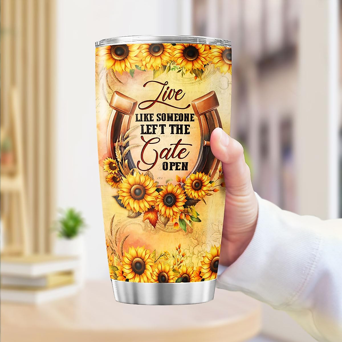 HUBUPU Flower Cups Sunflower Floral, Horse Gate Open, Horse Gifts, Tumbler 20 Oz With Lid And Straw