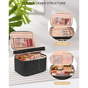 Travel Makeup Bag Organizer, Large Make Up Bag for Women, Double Layer Cosmetic Bag with Removable Dividers, Portable Makeup Case Storage, Black