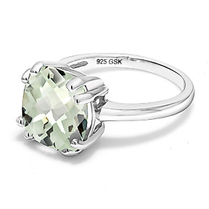 Gem Stone King 925 Sterling Silver Green Prasiolite Double Prong Ring For Women (3.33 Cttw, Cushion Checkerboard 10MM, Available In Size 5, 6, 7, 8, 9)