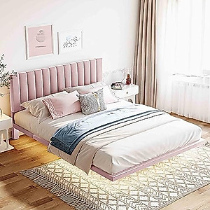 RIDFY Queen Floating Bed Frame with LED Lights/Headboard, Modern Velvet Fabric Platform Bedframe, Mattress Foundation Camas/Wood Slat Support/No Box Spring Needed/Noise Free,Pink
