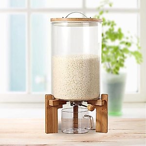 Xuthusman Capacity Airtight Glass Dry Food Storage Container Cereal Rice Dispenser w/Round Bamboo Lids & Cup & Stand (7.5L)