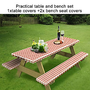 wagude Rectangle Vinyl Camping Picnic Table Cover + Benches 3-pc Set,30x72'' (6-FT) Flannel Backing Elastic Waterproof Wipeable red/White Checkered Plastic Tablecloth for Indoor Outdoor Patio Park