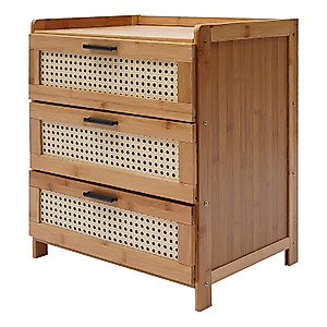 DDBESSIC Nightstand, 3 Drawers End Table Mid-Century Vintage Side Table, Retro Bedside Table Natural Bamboo Living Room Bedroom Storage Table Night Stand