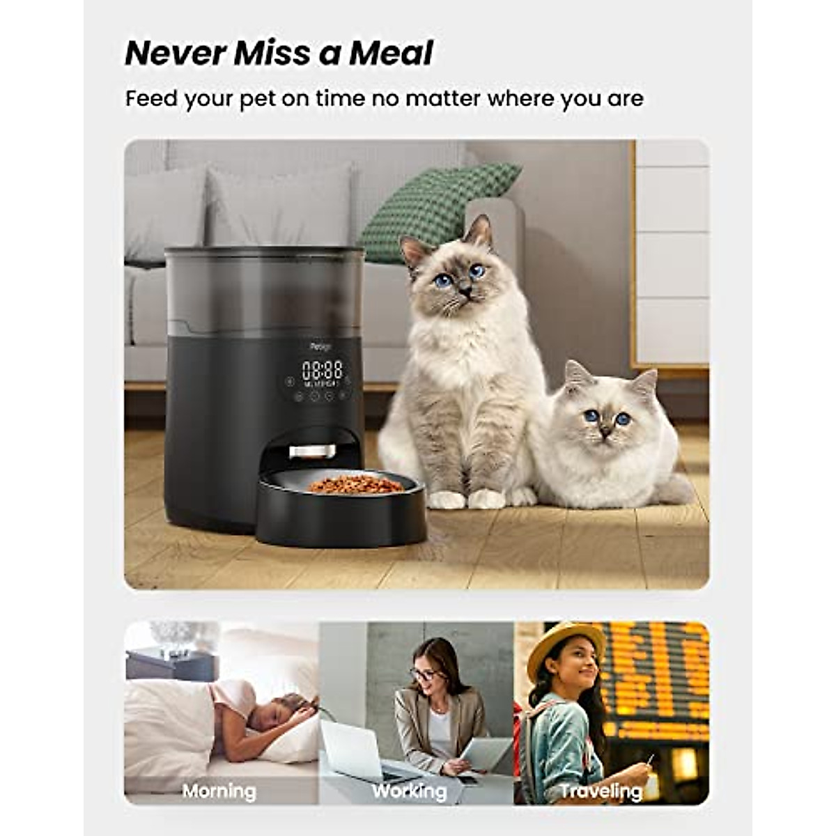 Petiigo Automatic Cat Feeder, 4L Timed BPA Free Cat Feeder Clog-Free Design for Pet Dry Food with Stainless Steel Bowl, Twist Lock Lid&Voice Recorder, Programmable Control 1-5 Meals Day for Cats/Dogs