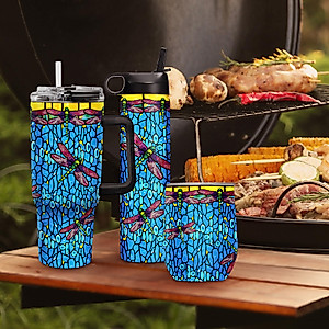 RainCaper 18/8 Stainless Steel Insulated Water Tumbler with Straw | 24oz, BPA-Free, Double Wall for Hot & Cold | Travel-Friendly, Cup Holder Ready (Tiffany Dragonfly - Purple)