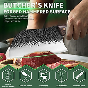 FULLHI Butcher Knife Set with Kitchen Shears, Hand Forged Chef Boning Knife With Scissors High Carbon Steel Carving Fish Knife Chef Knife For Kitchen, Camping, BBQ (Brown, N12PCS with Knife Holder)