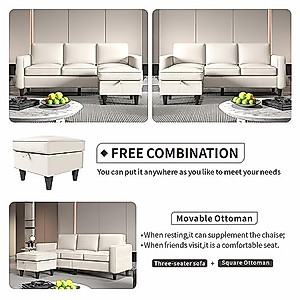 Youmumeub Convertible Sectional Sofa Couch, L-Shaped Couch 3-Seat Sofa with Storage Reversible Chaise, Sectional Couches for Living Room, Apartment and Small Space (Beige)