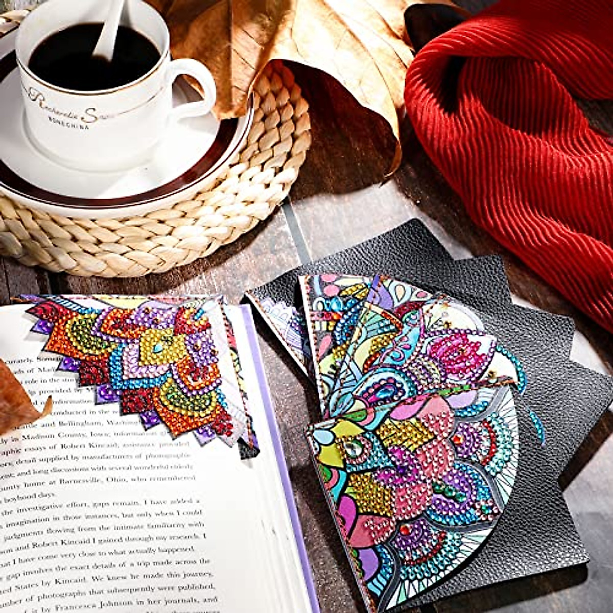 Honoson 6 Pcs Diamond Painting Corner Bookmark 5D DIY Page Book Marks Triangle Book Lovers Gifts for Women Girls Art Craft Reading Lovers Presents (Mandala Flower)