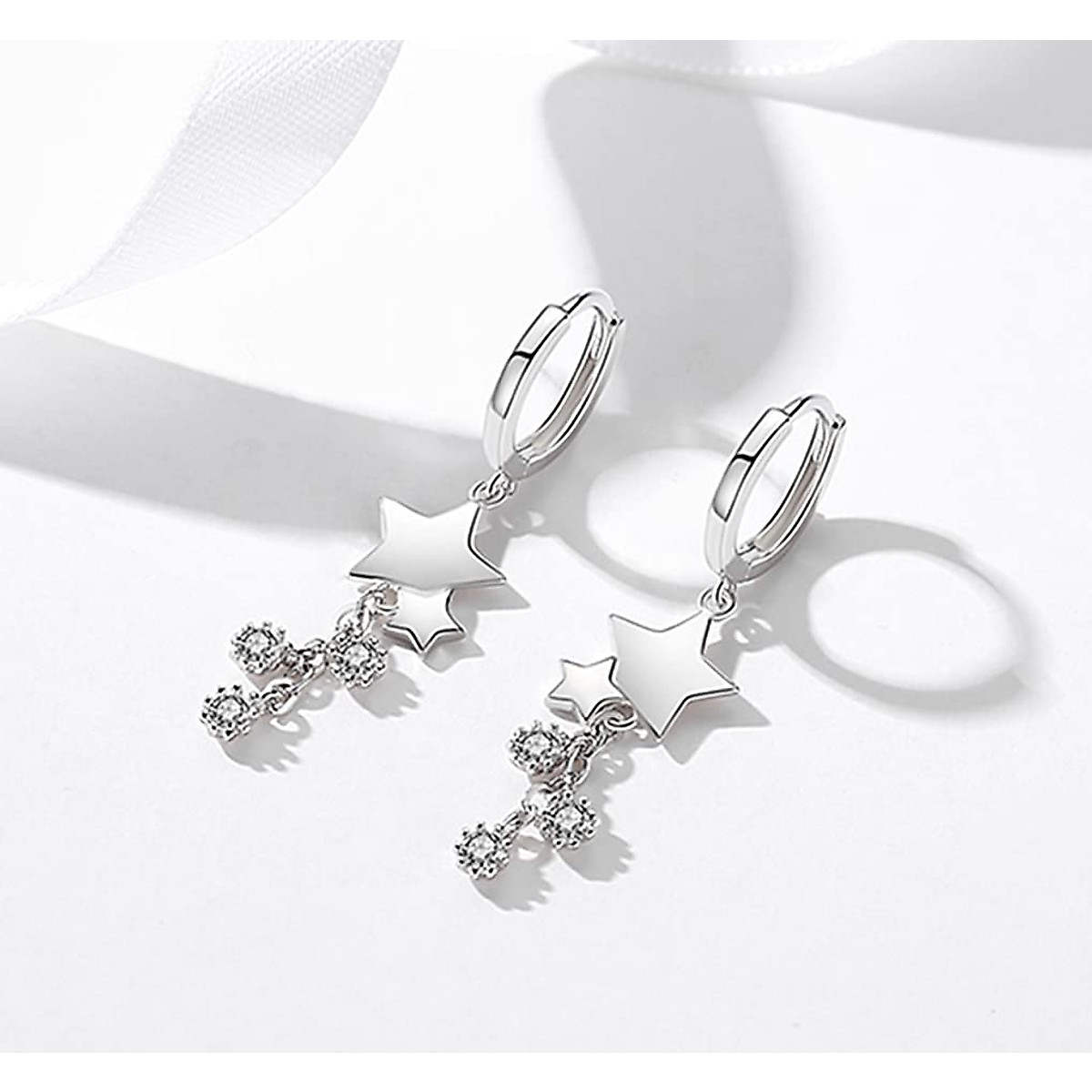 SLUYNZ 925 Sterling Silver Star Dangle Hoop Earrings for Women Star Hoop Earrings Droplet Dangle (A-Silver)