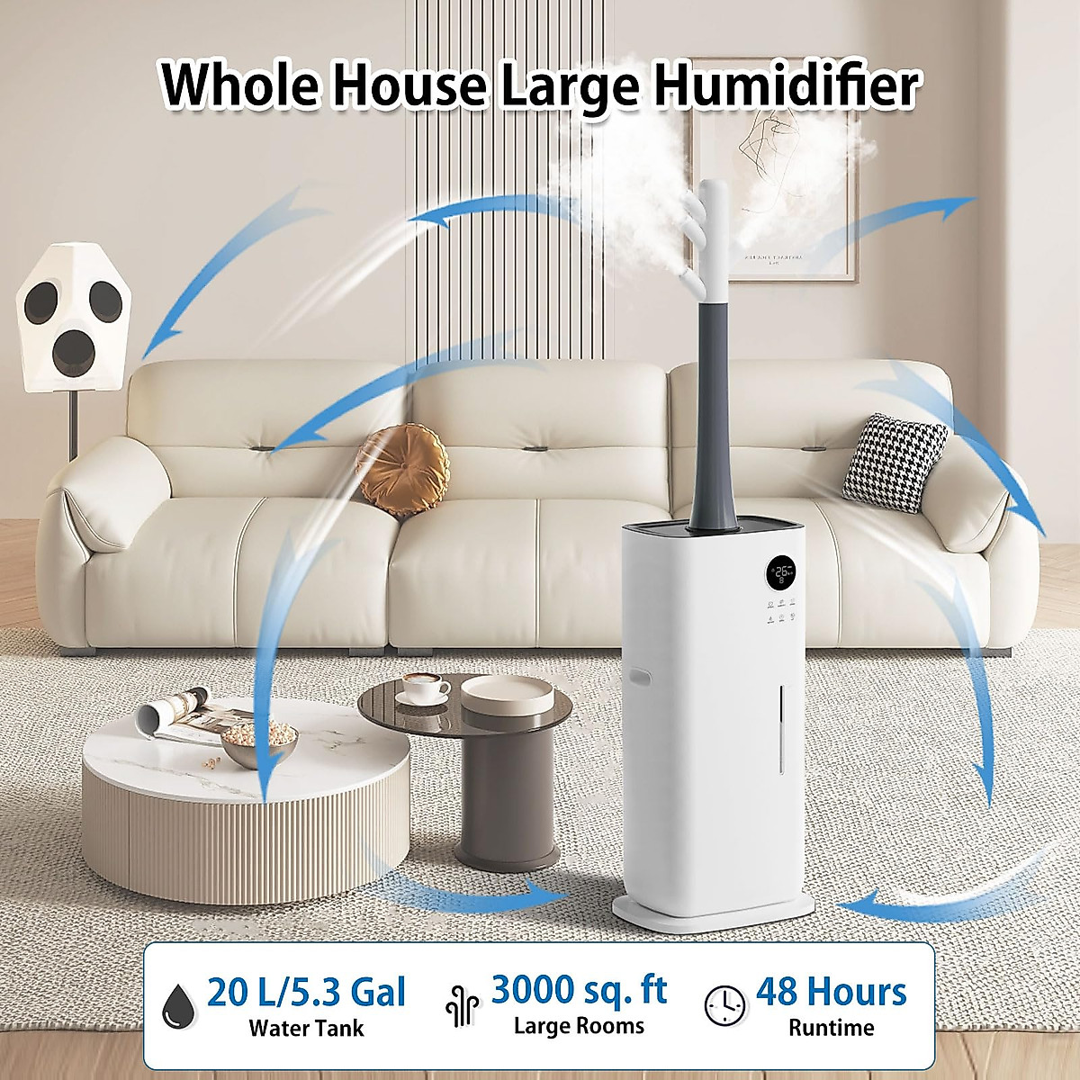 Humidifiers for Home Large Room-YOKEKON Large Humidifier for Whole House 3000 sq ft, 5.3Gal/20L, Greenhouse, Commercial Branch Tube Design with 360° Nozzle Sets, Remote, White